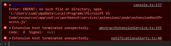 Extension Host Terminated Unexpectedly Error After Installation · Issue 94973 · Microsoft
