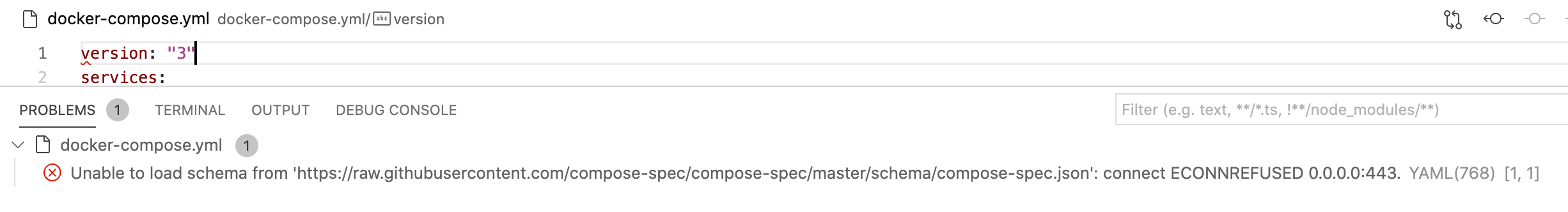 Unable to load schema from 'https://raw.githubusercontent.com/compose-spec/compose-spec/master ...