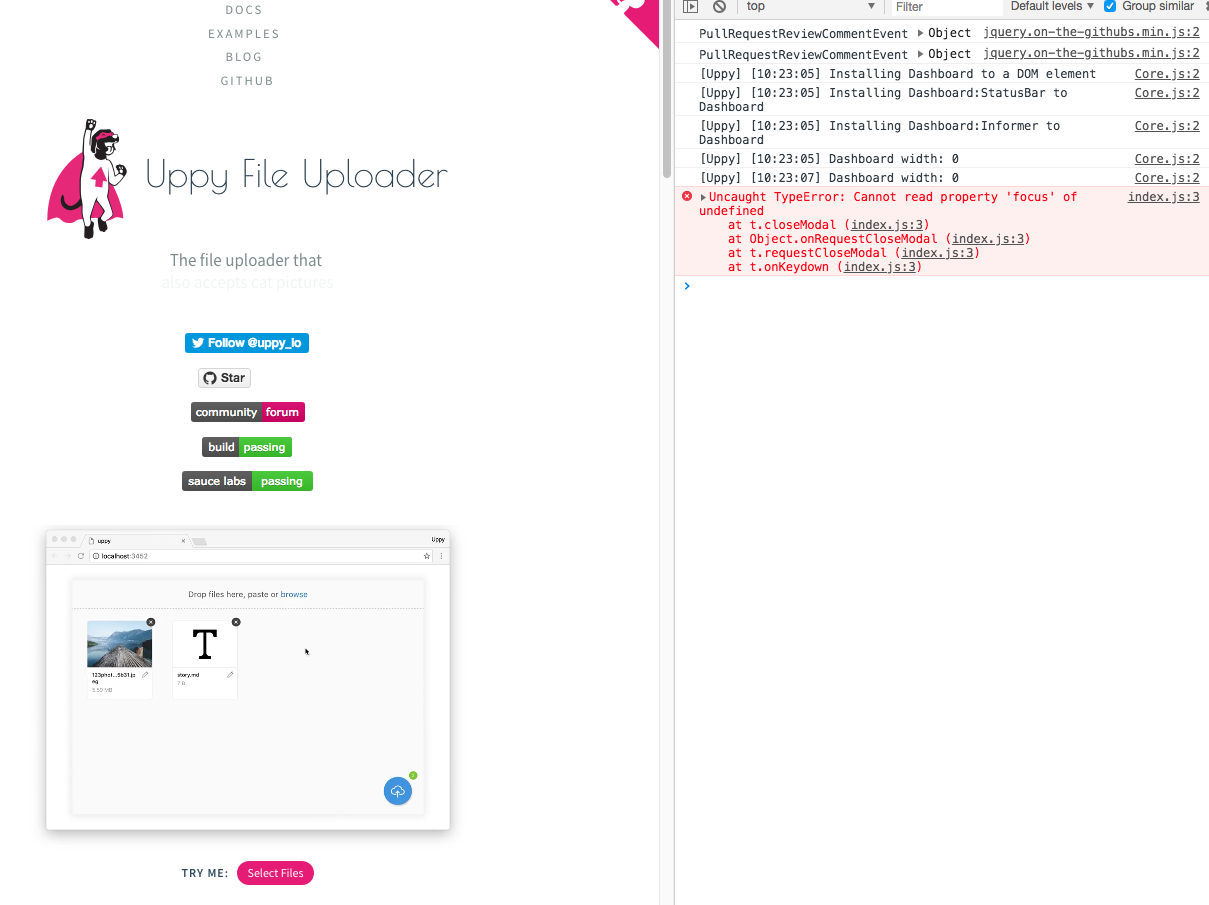 Cannot read property 'focus' of undefined · Issue #847 · transloadit/uppy · GitHub