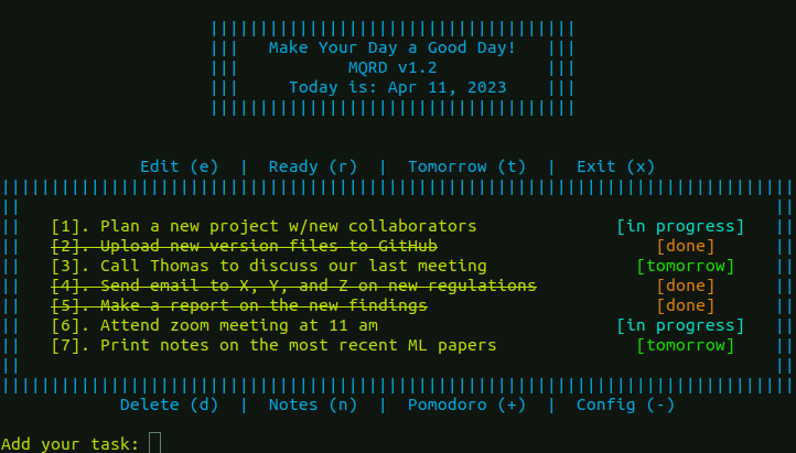 GitHub - essentuki/mqrd: Make Your Day a Good Day! - To-Do list program for a terminal