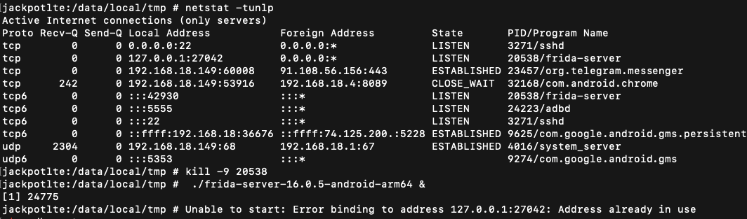 Running Frida-Server result Unable to start: Error binding · Issue #2390 · frida/frida · GitHub