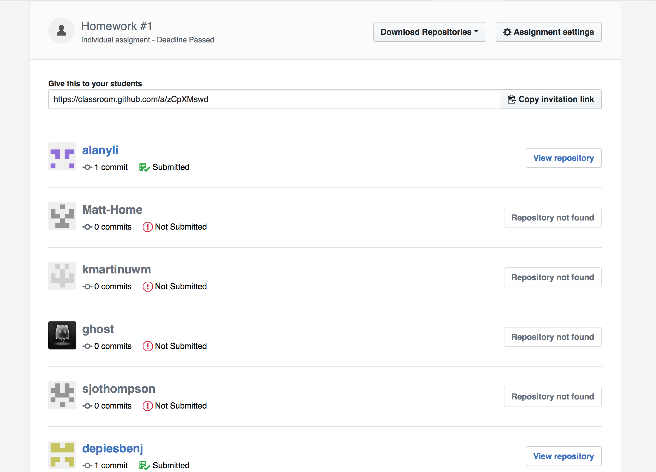 Links to student repos on classroom assignment page often are missing · Issue #1753 · github ...