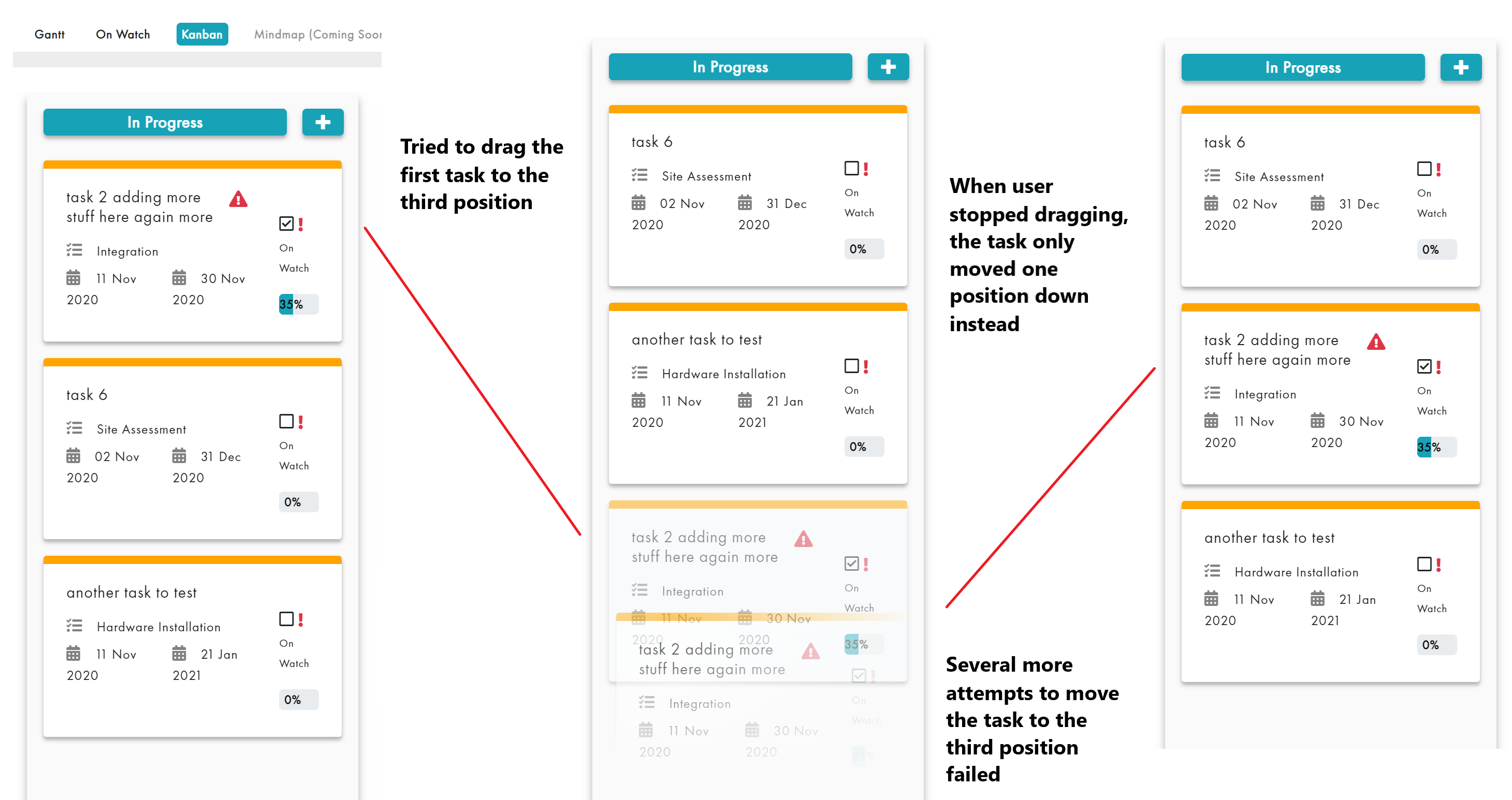 Project screen - Kanban view: Tried to drag and drop a task from the first position to the third ...