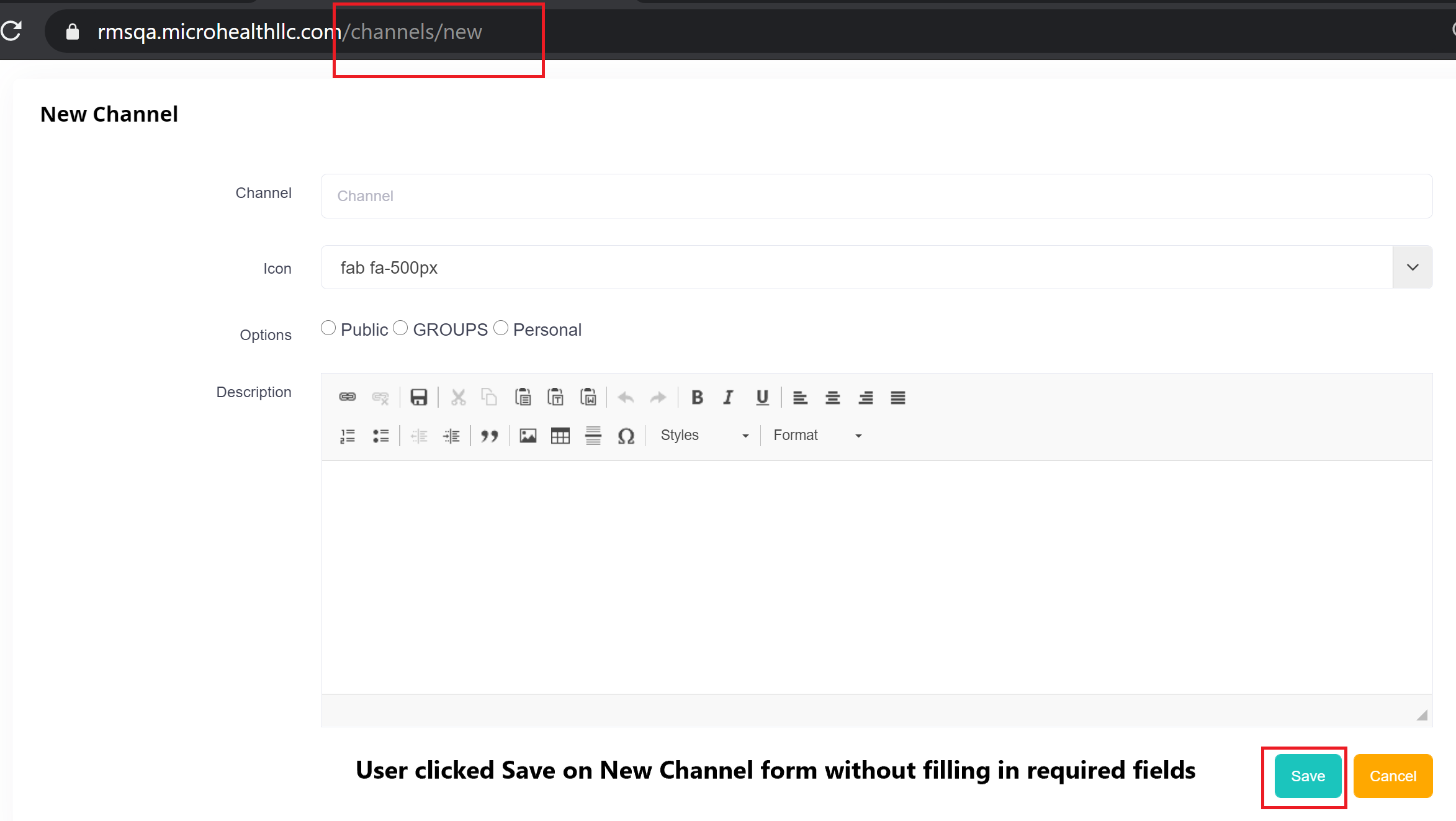 Inconsistent screen display when Cancel clicked on "/channels" screen after invalid input on New ...