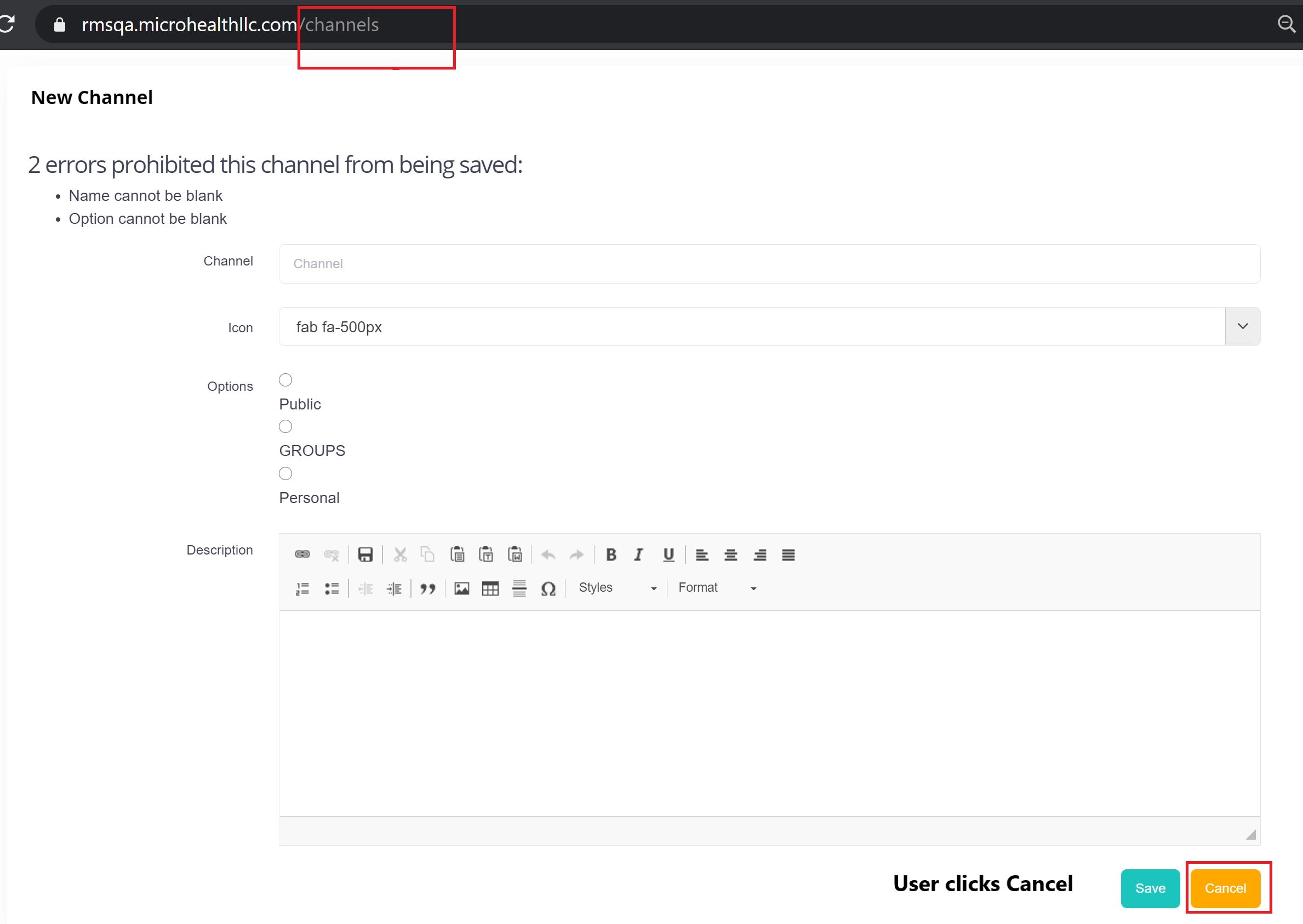 Inconsistent screen display when Cancel clicked on "/channels" screen after invalid input on New ...