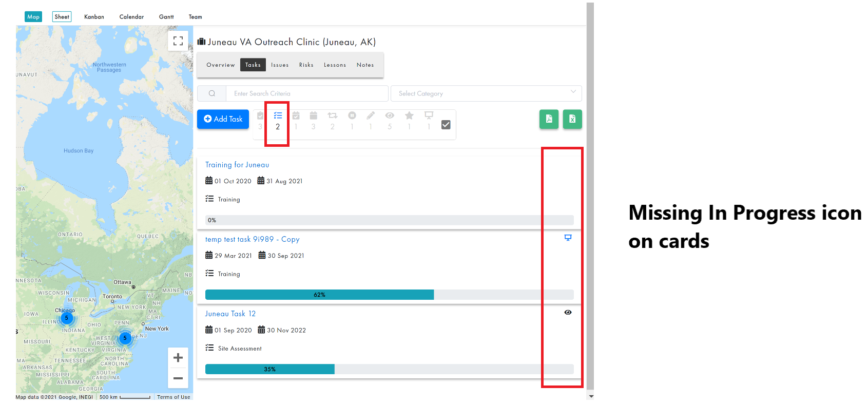 Map view should display In Progress icon on cards with in progress ...