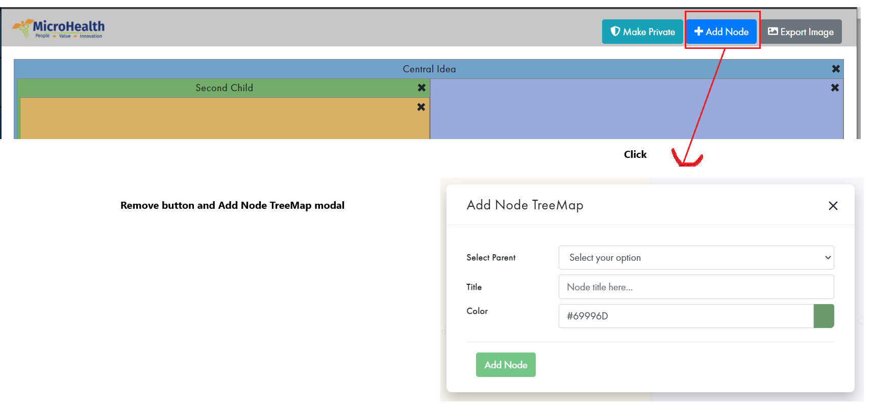 Tree Map - For each node, should include a "+" before each delete "x" icon; when clicked, add a ...