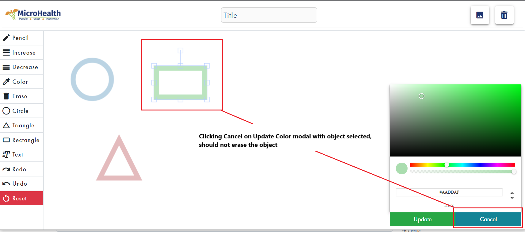 White Board: Selected object should not be erased when user clicks ...