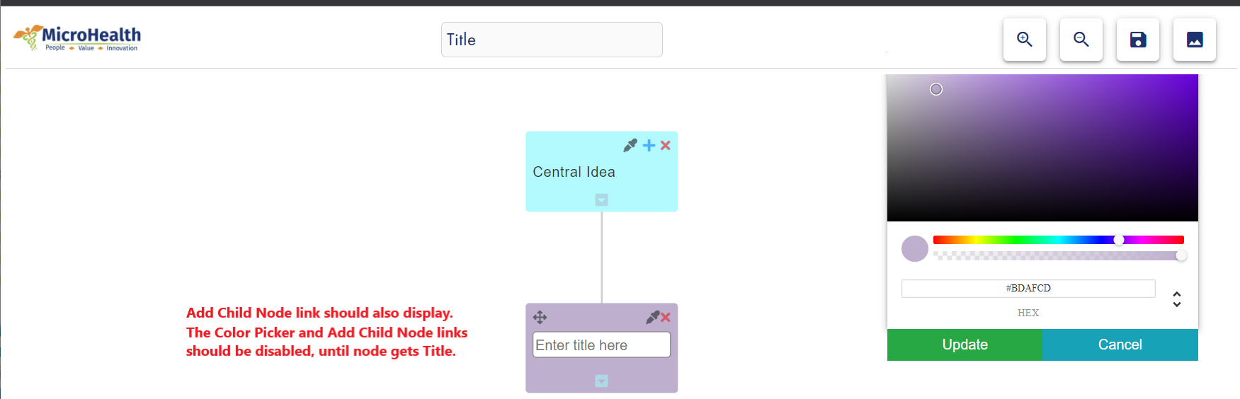 Tree Chart: To be consistent for new node, the Color Picker and Add Child Node links should ...