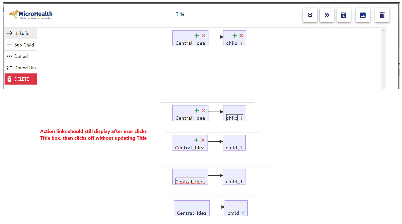 Flow Map: Node action links should remain displayed after user clicks in a Title box, then ...
