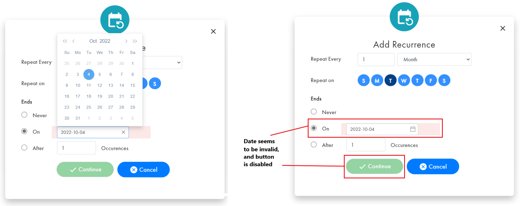 Calendar: Sometimes, unable to Add Recurrence when "On" date selected, since "Continue" button ...