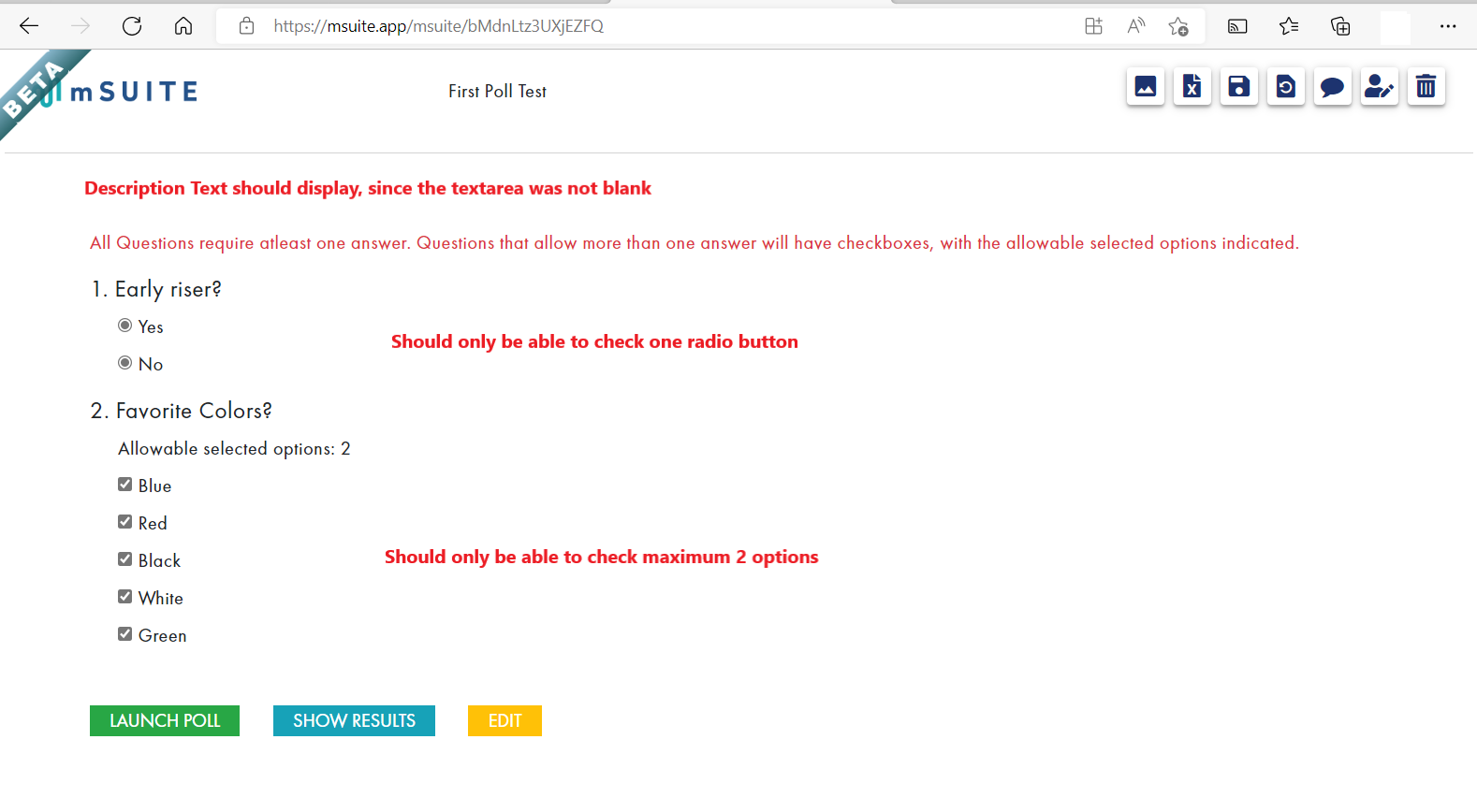 Poll map: Preview mode should display Description text (when exists); and only allow maximum ...