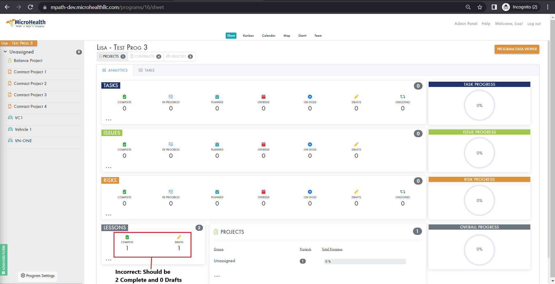 Program Summary - PROJECTS tab - LESSONS box: Should have accurate ...