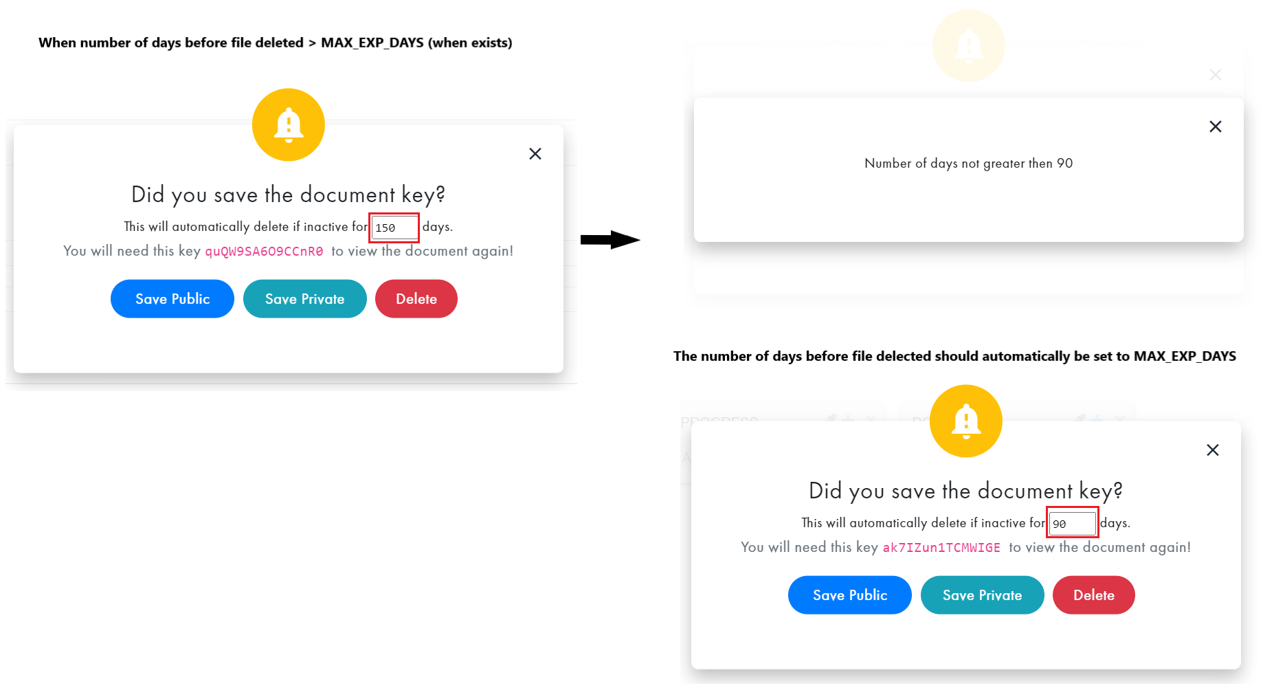 Save Document Key modal: When number of days exceeds MAX_EXP_DAYS, it should automatically be ...
