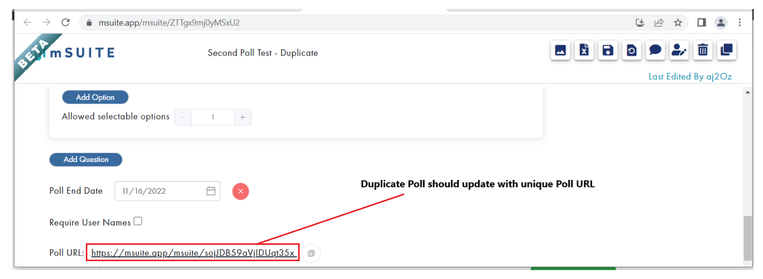 Duplicate Poll should not include Poll Results; should update with unique Poll URL; should be ...