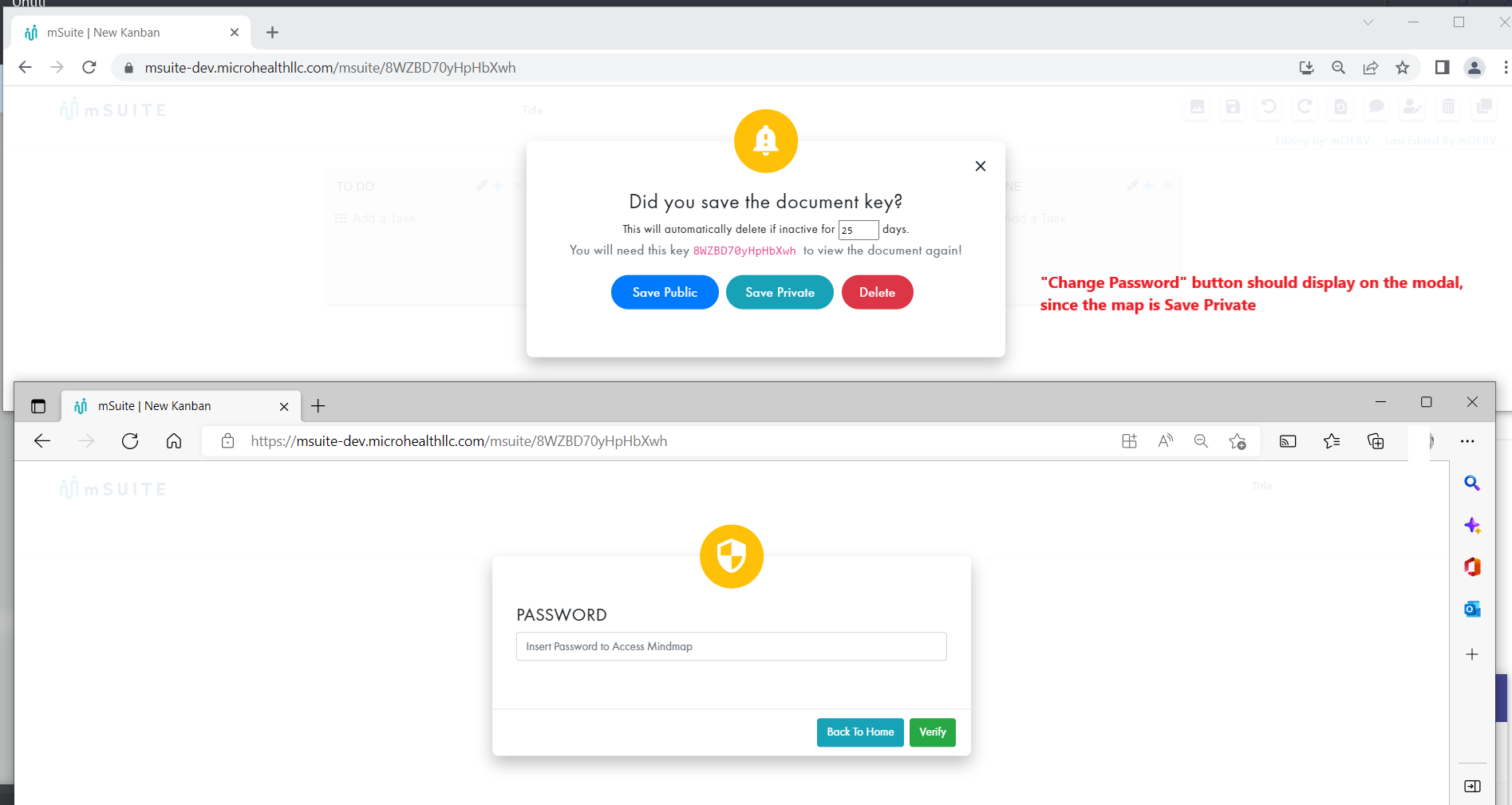 Save Document Key modal should consistently display with "Change Password" button for map that ...