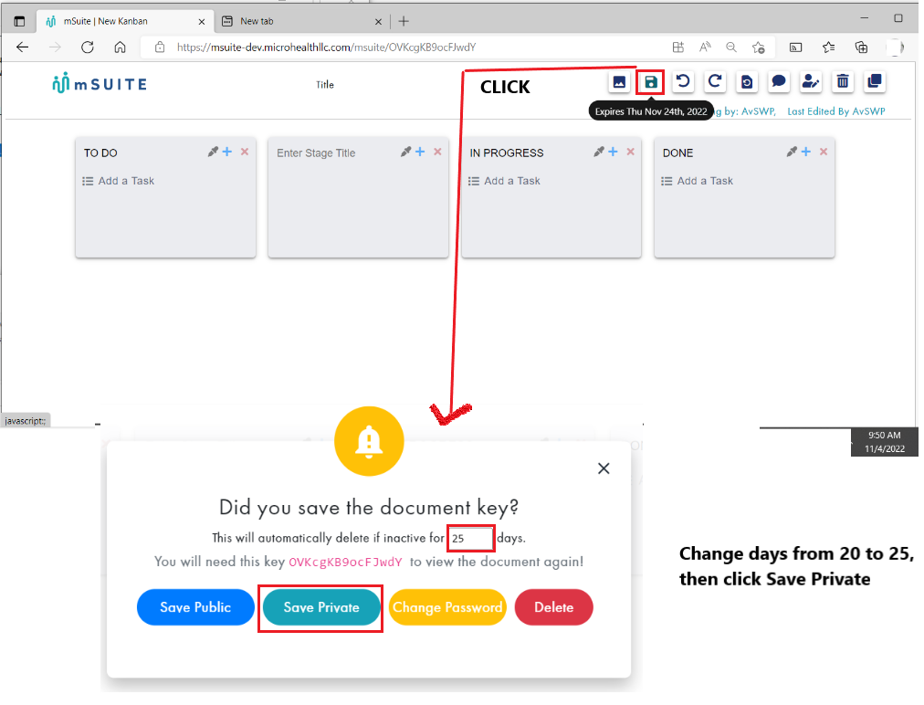 Dev and QA: The number of days before deletion should update when "Save Private" clicked on ...