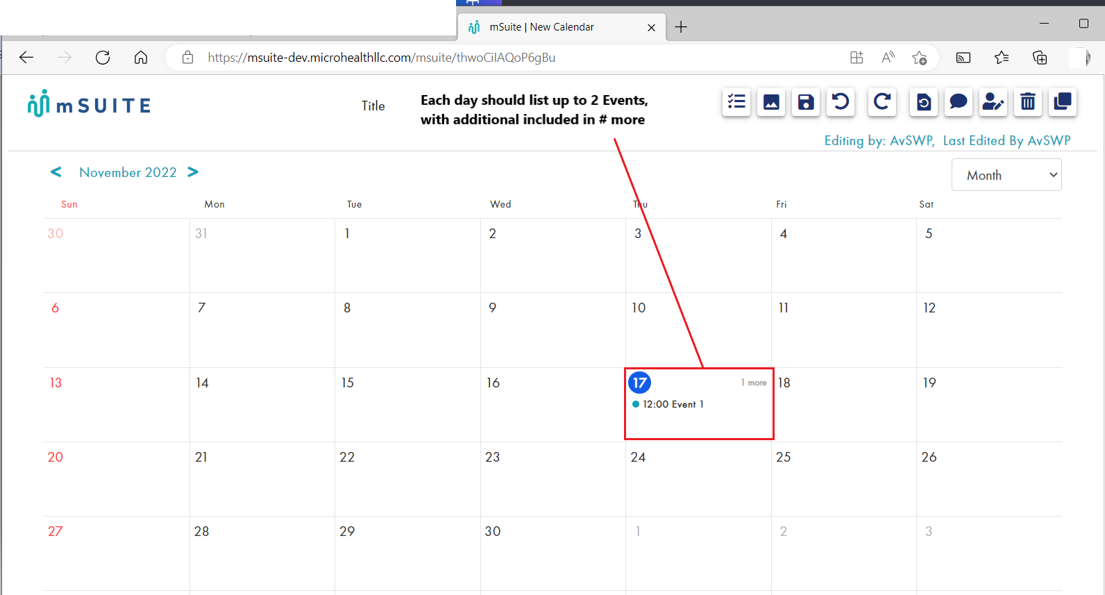 Calendar Map and ToDo - Calendar view: Each day should have up to 2 Events before # more link ...
