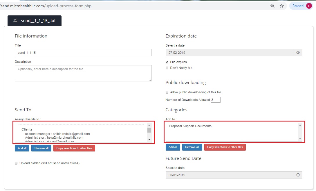 On upload form - fix Send To and Categories when more than one ...