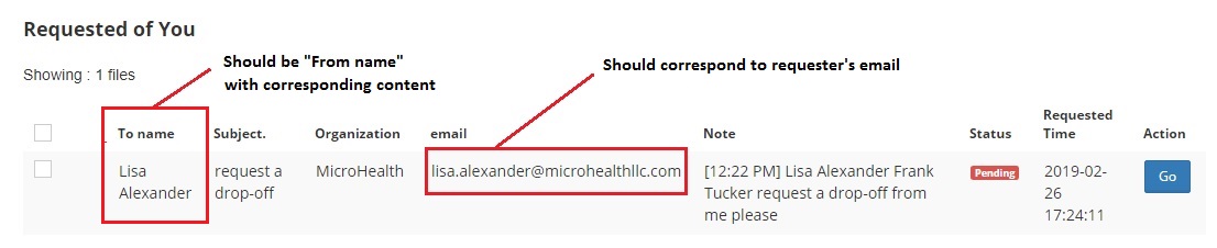 Requested Files screen - Requested of You section: change "To name ...