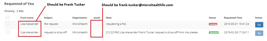 Requested Files screen - Requested of You section: change "To name ...