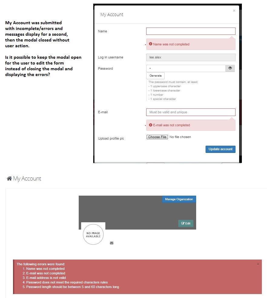 My Account form: when incomplete or invalid data and form is submitted ...