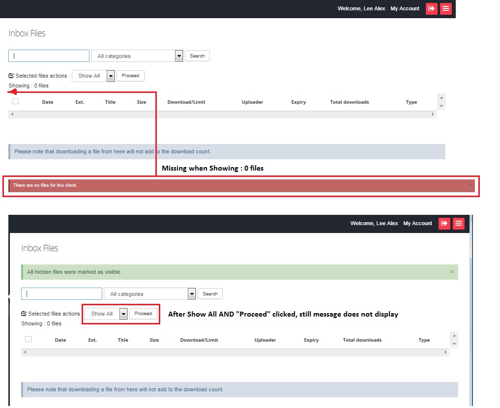 Inbox Files screen: when Showing: 0 files, message did not display ...