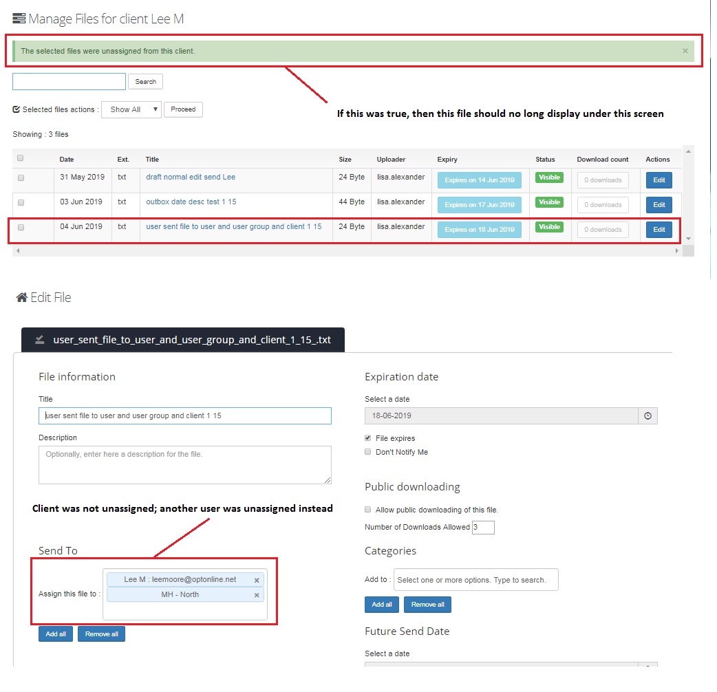 Manage files for Client screen: unless unassigning will remove only that particular client ...