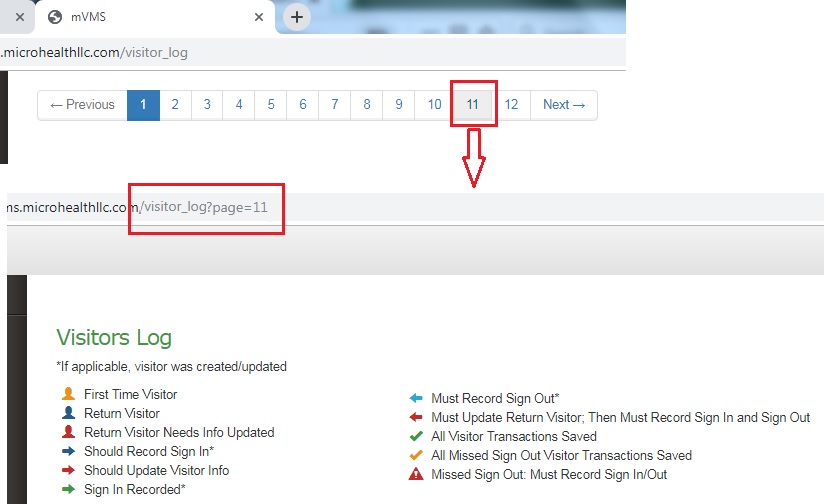 Visitors Log screen - the url that displays after clicking pagination link should be "/visitor ...