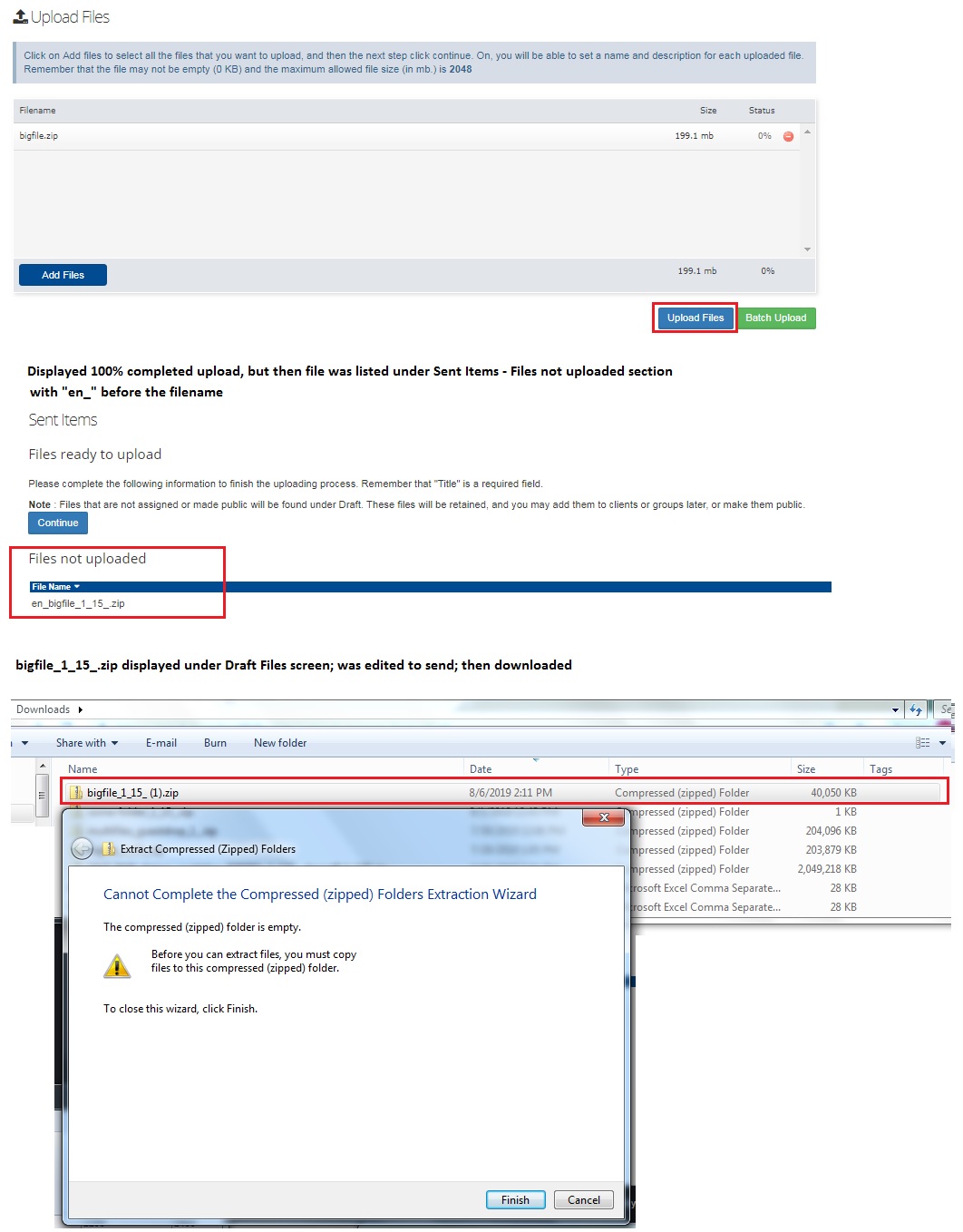 Uploaded file; displayed 100%, but file was listed under Sent Items ...