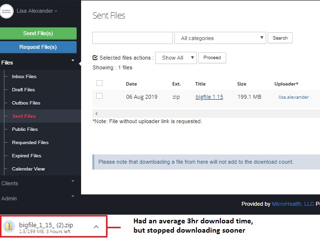 Uploaded file; displayed 100%, but file was listed under Sent Items ...