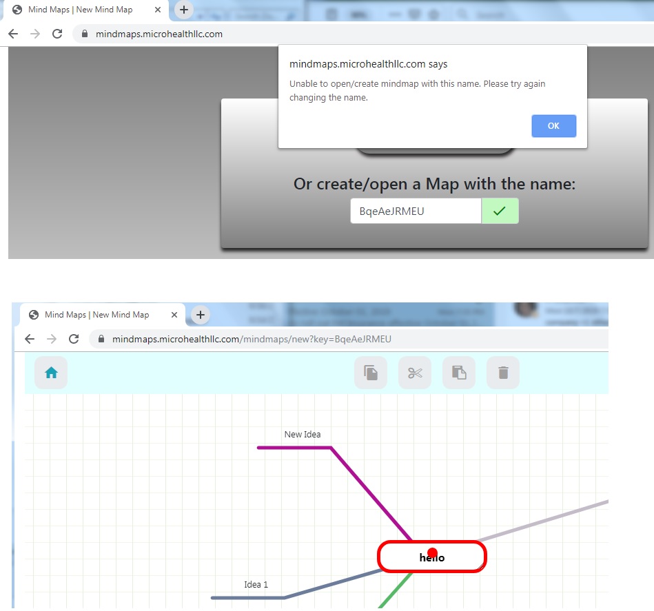 Input mindmap name on Index, clicked checkmark button; received alert instead of create/open ...