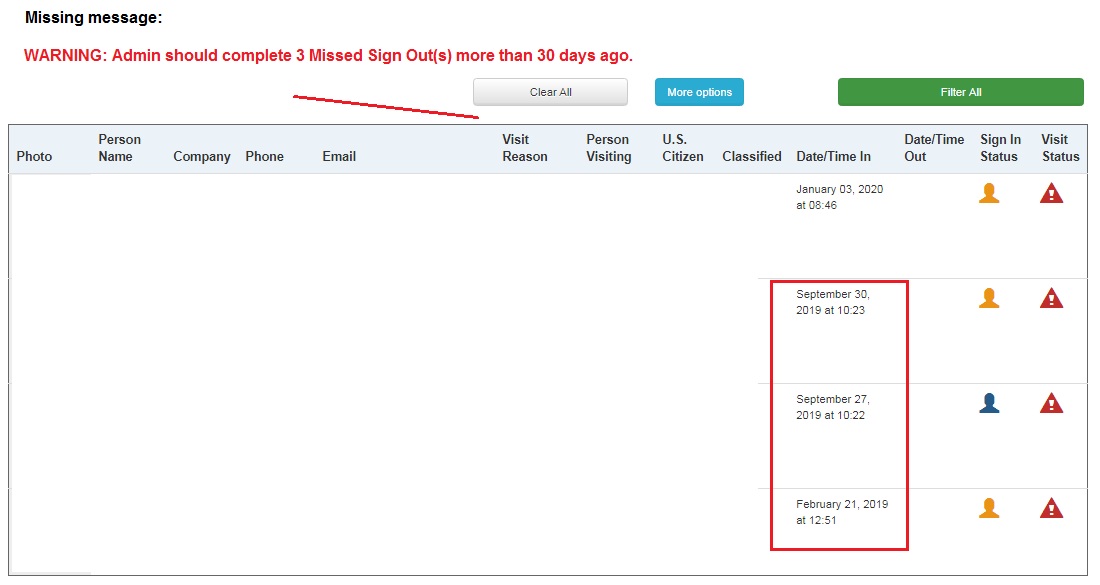 visitor_log_all" missing message "WARNING: Admin should complete X Missed Sign Out(s) more than ...