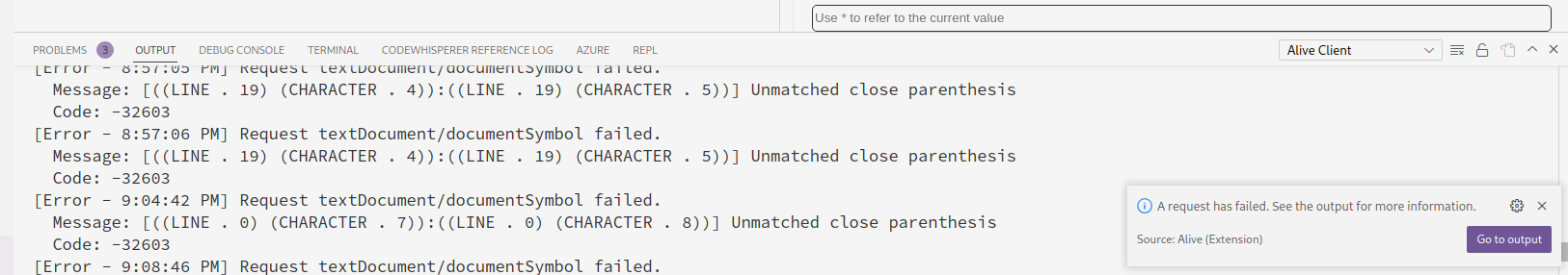 "Unmatched close parenthesis" error output · Issue #129 · nobody-famous/alive · GitHub