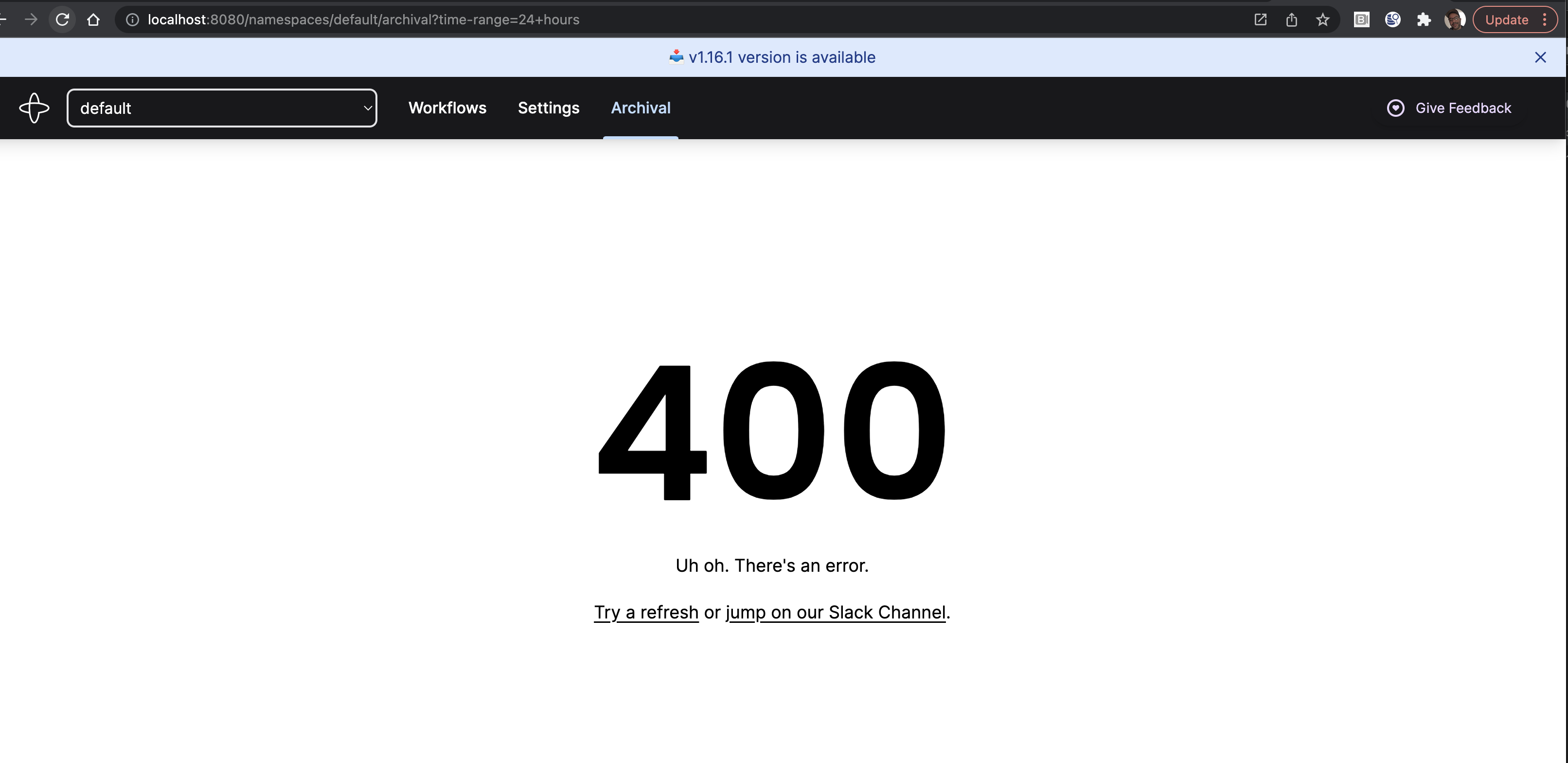 [0.10.6] Enable archival - 400 page · Issue #485 · temporalio/ui · GitHub