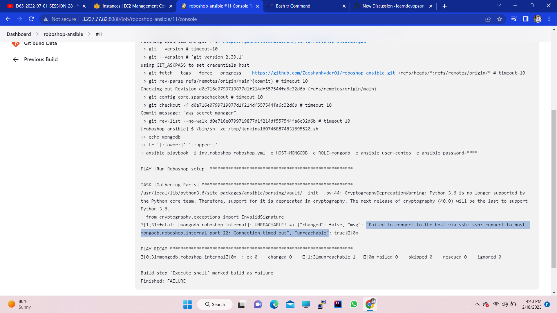 Jenkins : failed to connect server : port 22: Connection timed out", "unreachable ...