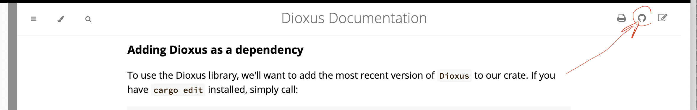 Github icon in upper right corner of documentation doesn't lead to dioxus docs as expected ...