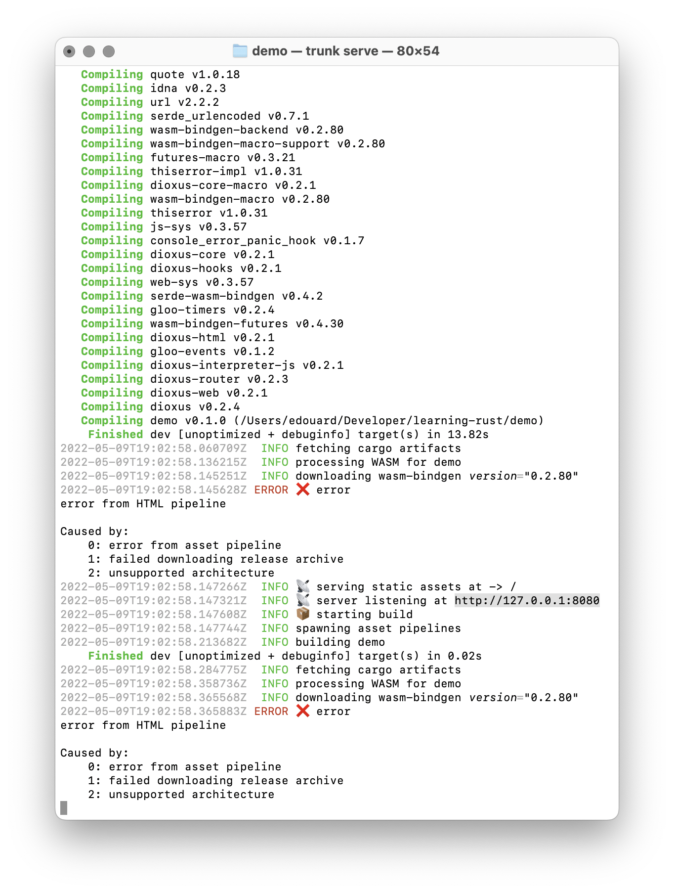 `error from HTML pipeline` while attempting to `trunk serve` "Getting Started: Web" guide ...