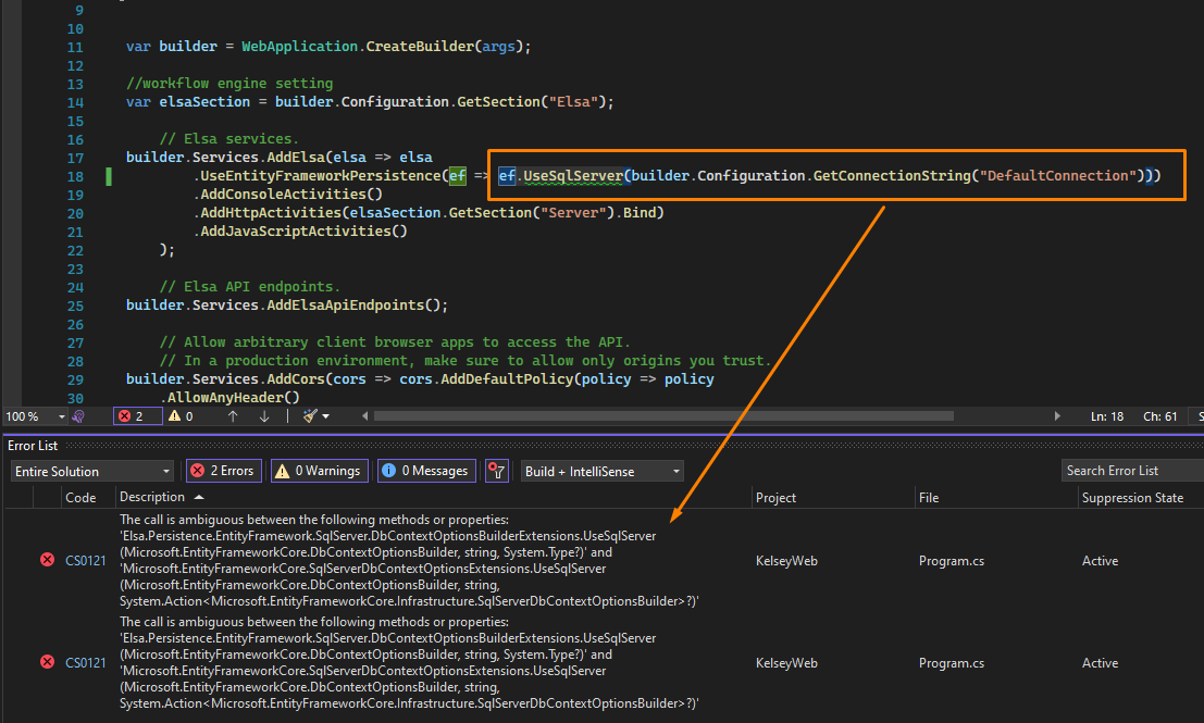.UseSqlServer() ambiguous between Elsa.Persistence.EntityFramework ...