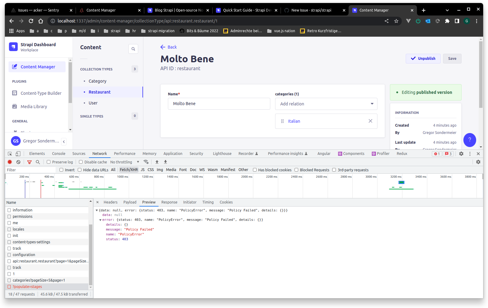 GET /admin/review-workflows/workflows/?populate=stages throws 403 PolicyError (Issued by Admin ...