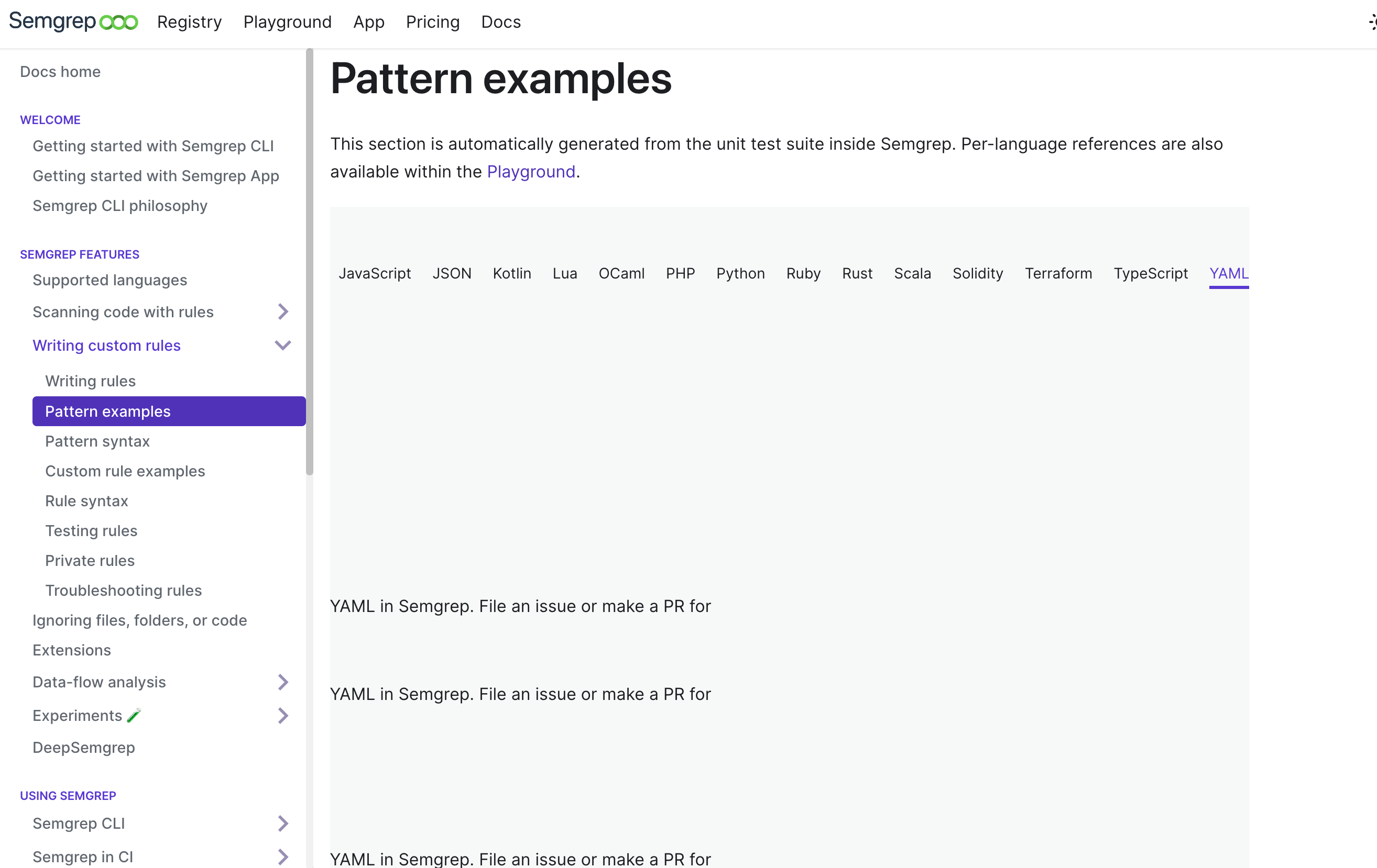 Broken Pattern example for Yaml · Issue #5740 · semgrep/semgrep · GitHub