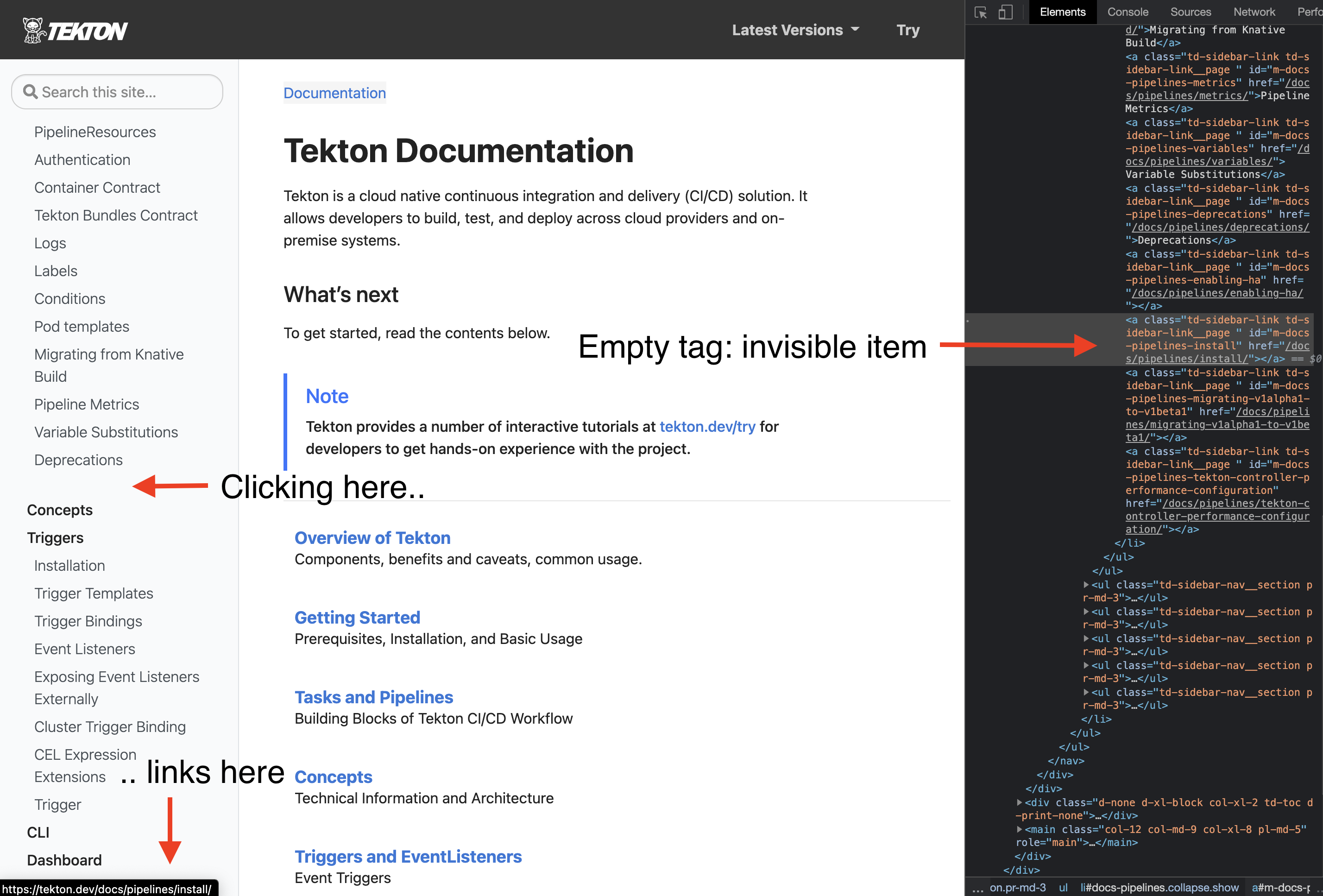 Invisible links in navigation (pipelines) · Issue #271 · tektoncd/website · GitHub
