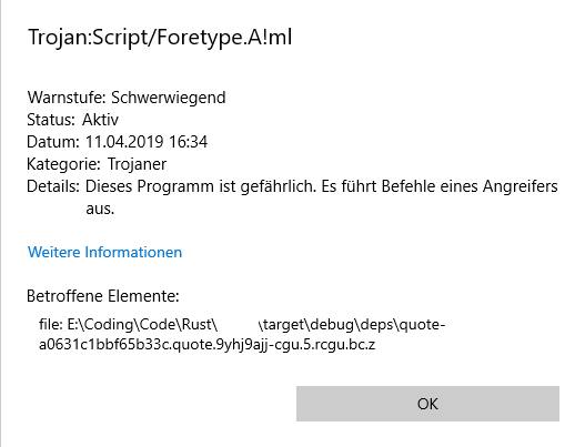 Windows Defender detects Trojan:Script/Foretype.A!ml · Issue #59882 · rust-lang/rust · GitHub