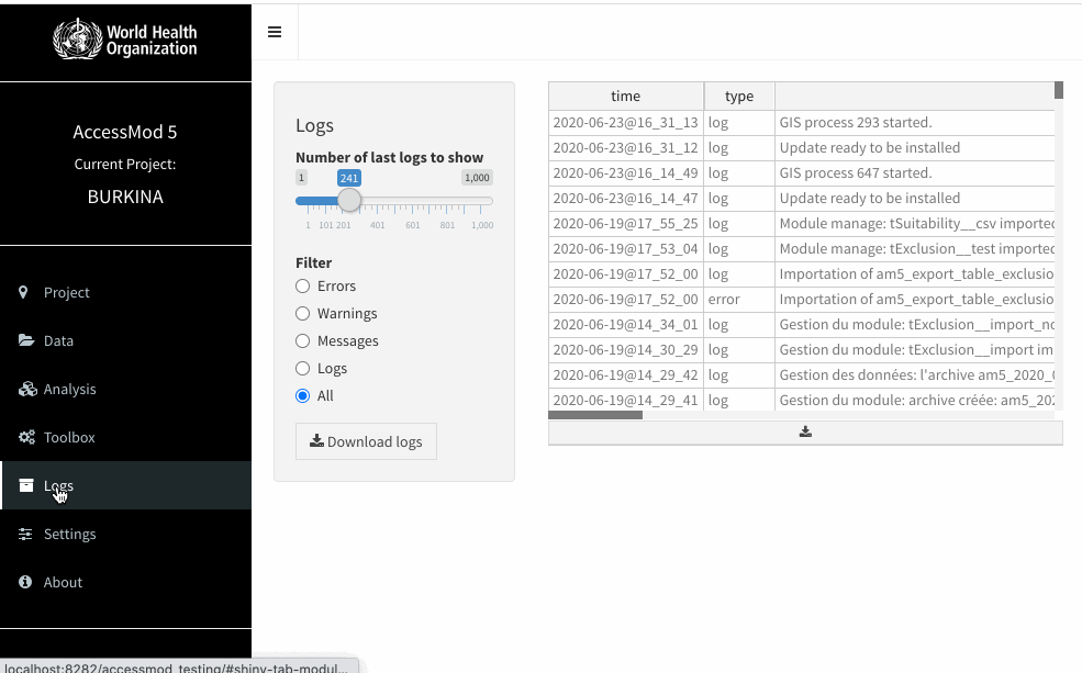 Accessmod disconnected when trying to select the facility file in the accessibility module ...