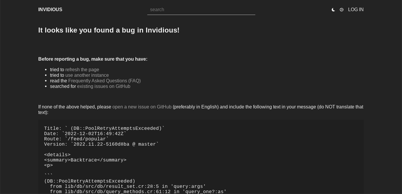 [Bug] (DB::PoolRetryAttemptsExceeded) · Issue #3463 · iv-org/invidious · GitHub