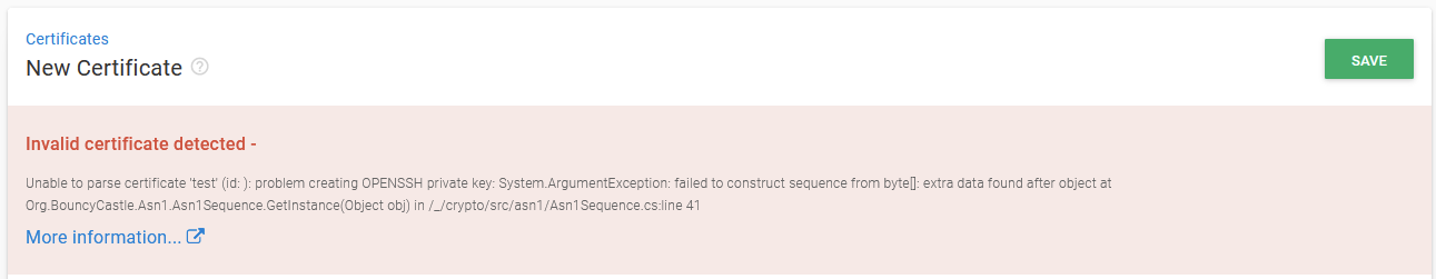 Unable to parse certificate (id: ): problem creating OPENSSH private key: System ...