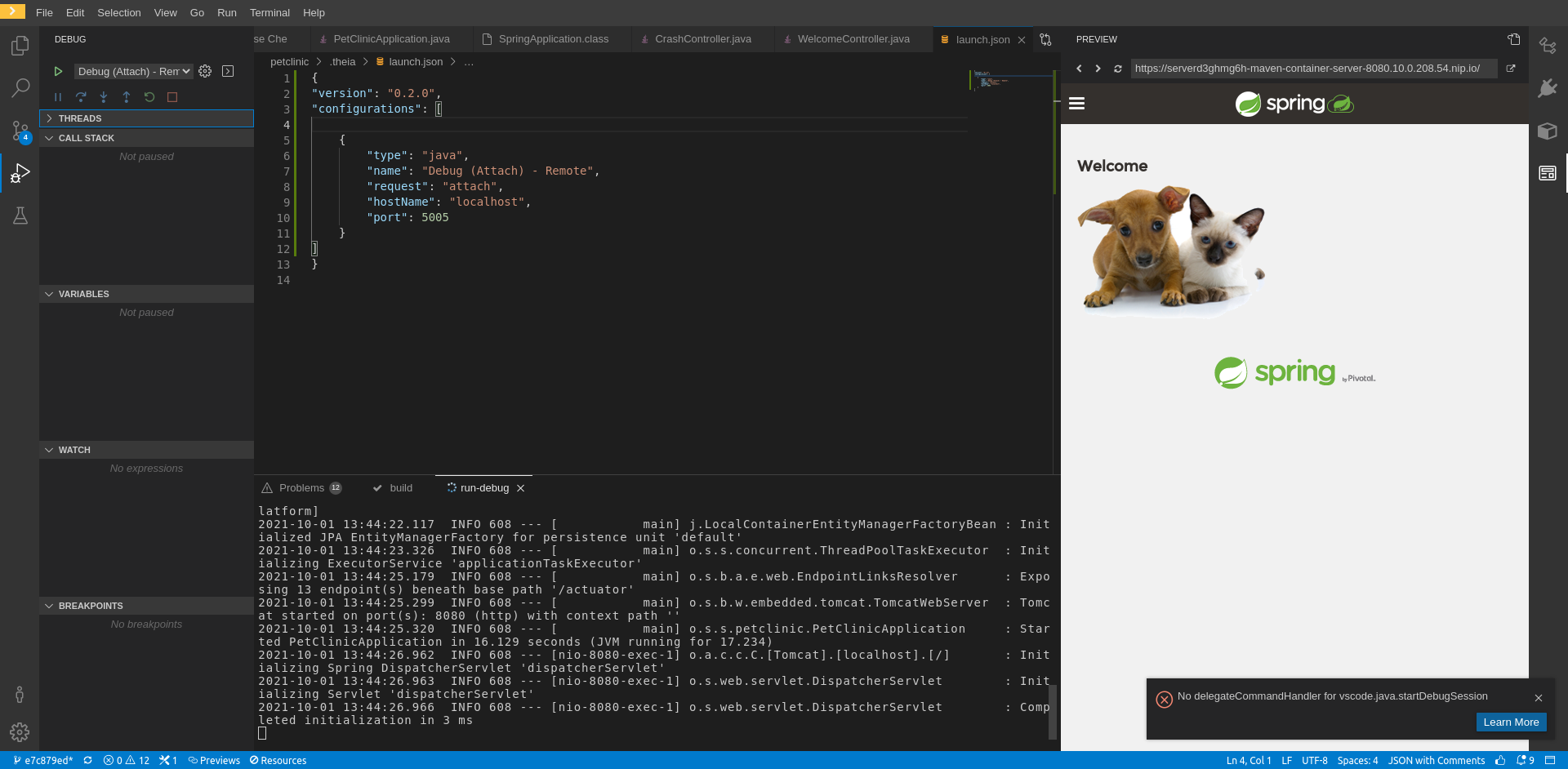 Debug session failed to launch in workspace because of "No ...
