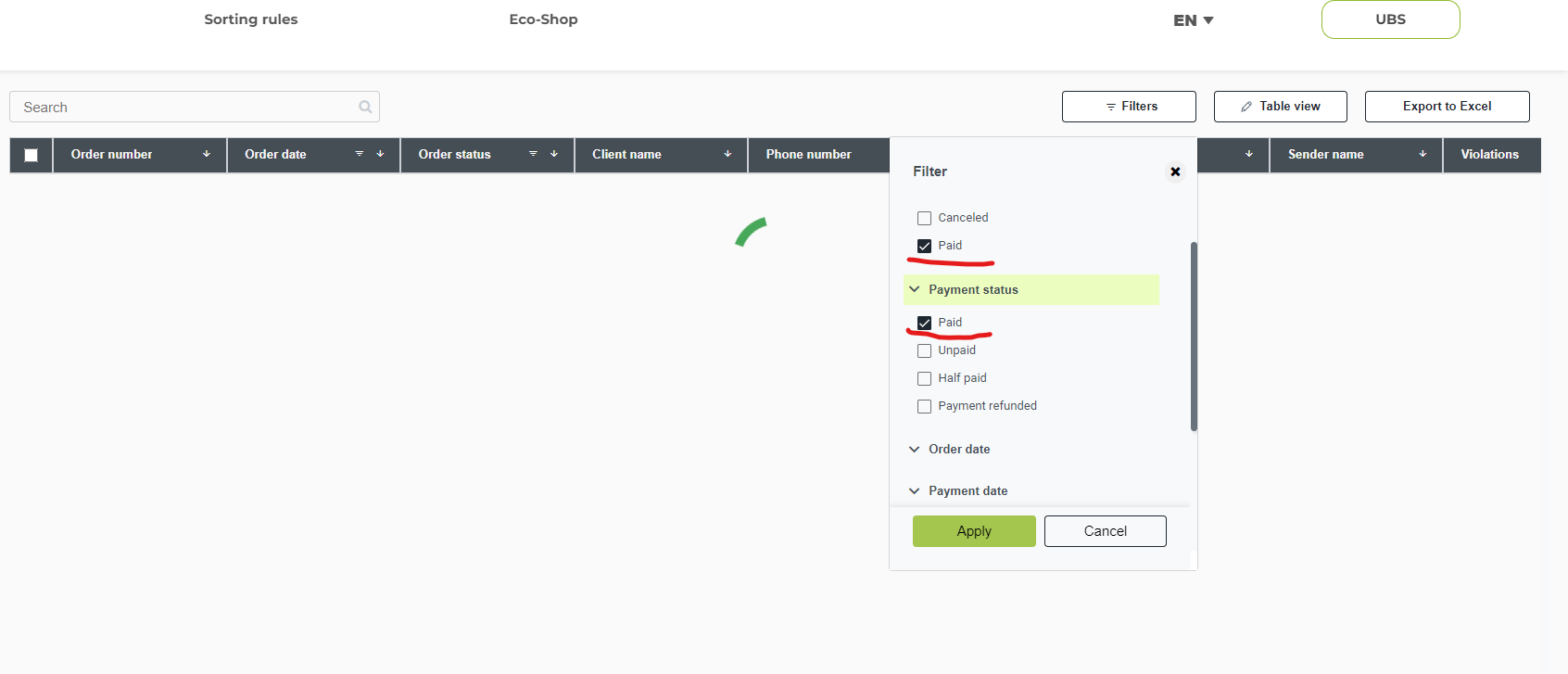 [UBS_Prod. Orders] Filter section 'Order Satus' contains an extra checkbox 'Paid' which should ...