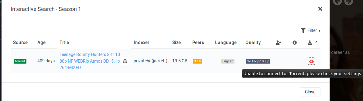 Unable to connect to rtorrent, but only for a single show, the rest ...