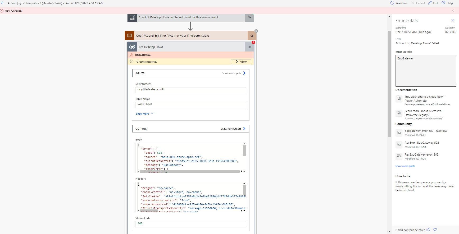 [CoE Starter Kit - QUESTION] Admin | Sync Template v3 (Desktop flows) 502 bad gateway · Issue ...